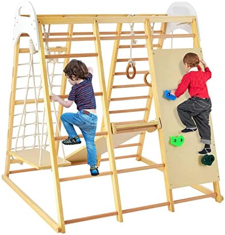 COSTWAY Kids Climbing Frame, Wooden Playground Jungle Gym with Slide ...