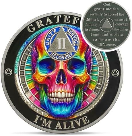 Amazon.com : Rainbow Skull 2 Year Sobriety Coin - Grateful I'm Alive AA ...