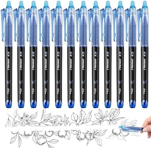 Erasable Pens, 12PCS Blue Rub Out Pens with Rubbers on the End, 0.5mm ...