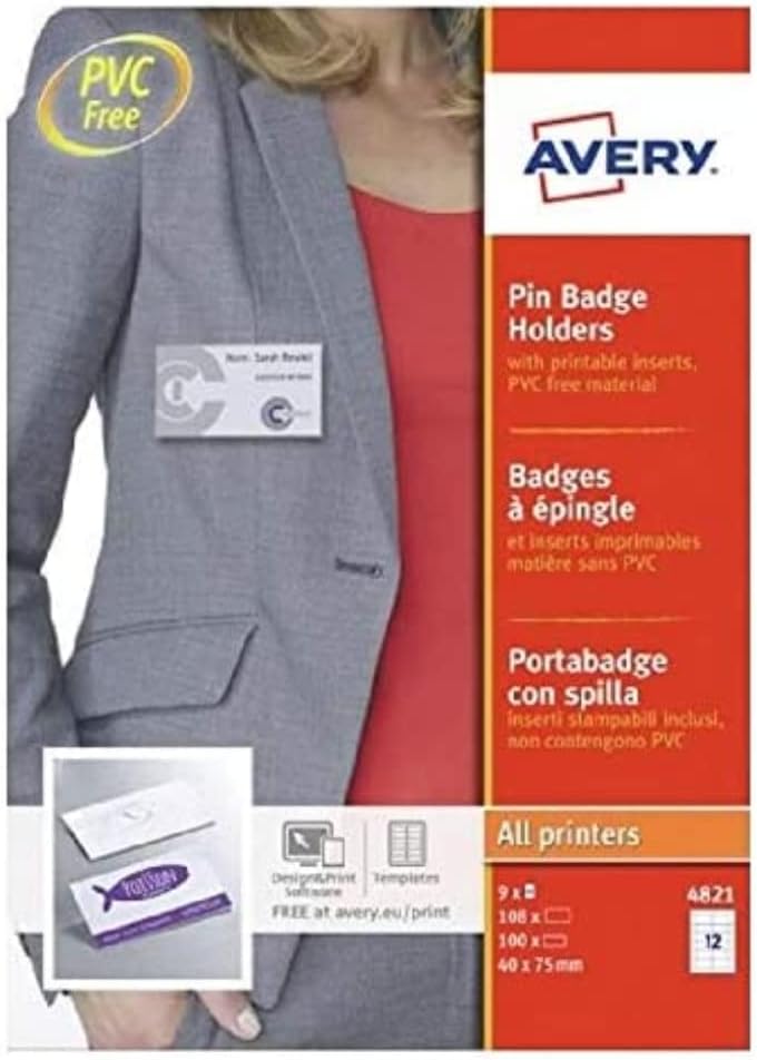 Avery 4821 Printable Name Badges with Plastic Cases and Pins (70 x 45 ...