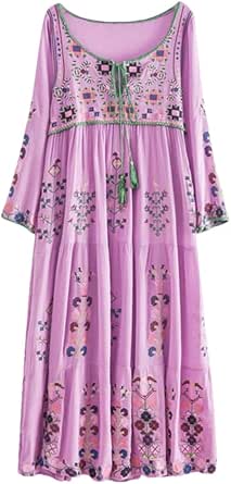 Generic Women's V-Neck Loose Retro Embroidery Dress Tassel V-Neck Dress ...