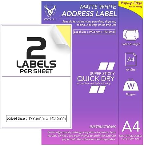 2 Labels Per A4 Sheet, 50 Sheets 100 Sticky Label, Printable Sticker ...