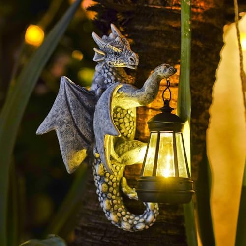 Amazon.com : GARDENGREETERS Dragon Statue with Solar Light Lantern ...