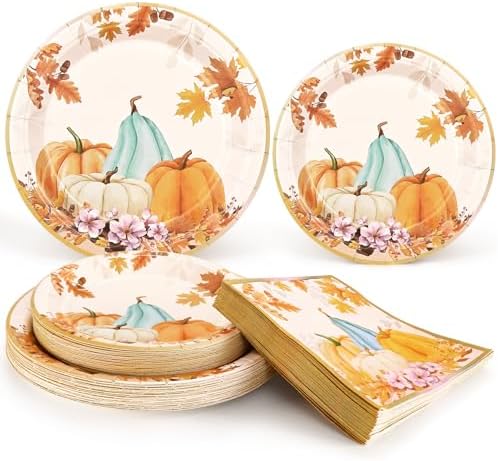 Amazon.com: 150Pcs Thanksgiving Fall Pumpkin Paper Plates and Napkins ...