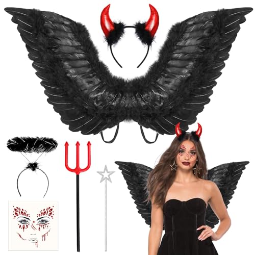 Humairc Black Angel Wings Costume Halloween Costumes Woman Devil Horns ...