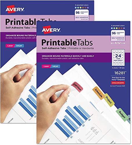 Avery 16281 Printable Plastic Tabs with Repositionable Adhesive, 1 1/4, Assorted (Pack of 192 ...