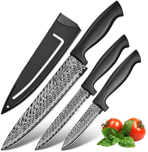 Gourmetop 3 Pcs Kitchen Knife Set with Cover, Black Knives Set for ...