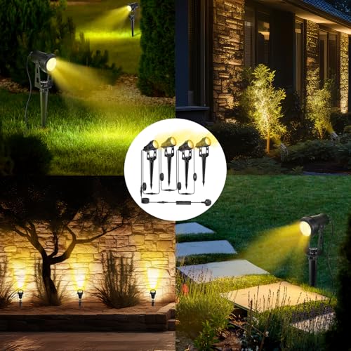 HUAEU Garden Spotlights Mains, 14 M, 4-in-1 Outdoor LED Spotlight, Warm ...