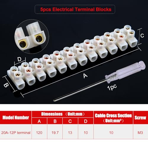 YIXISI 5 PCS 20A Terminal Block Strip, Dual Rows Terminal Block, 12 Way ...