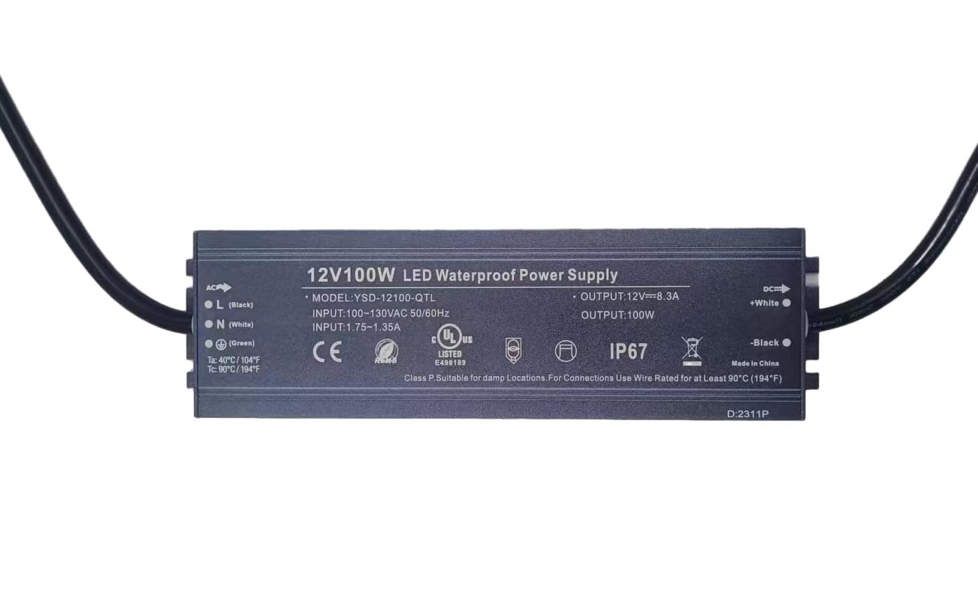LED Driver 100W 12V UL Listed Transformer, Waterproof IP67 Power Supply ...