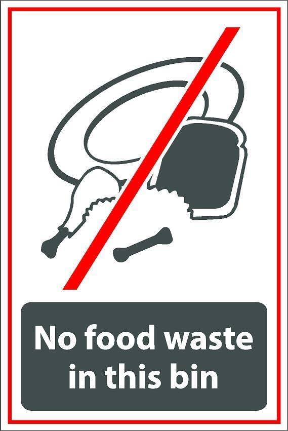No food waste in this bin, red and grey sign - Self adhesive sticker ...