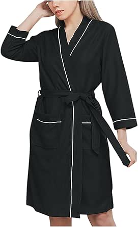 Women Sexy V Neck Waffle Midi Robes Long Sleeve Solid Casual Bathrobes ...