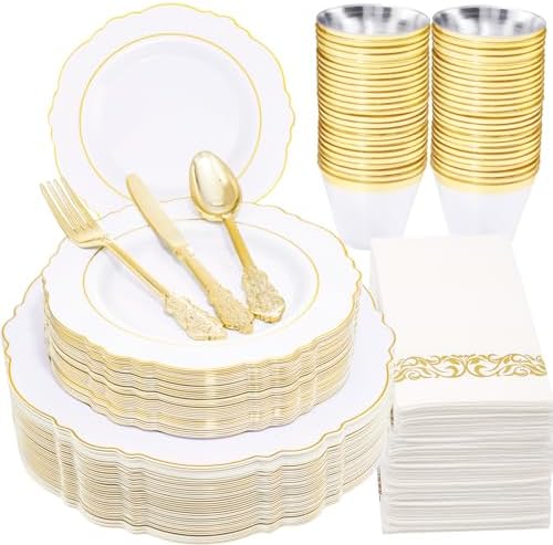 Amazon.com: Goodluck 300 Pieces Gold Disposable Plates for 50 Guests ...
