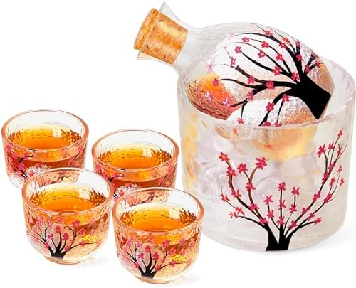 Amazon.com | Irenare Japanese Sake Set for 4 Saki Cup Set Pink Cherry ...