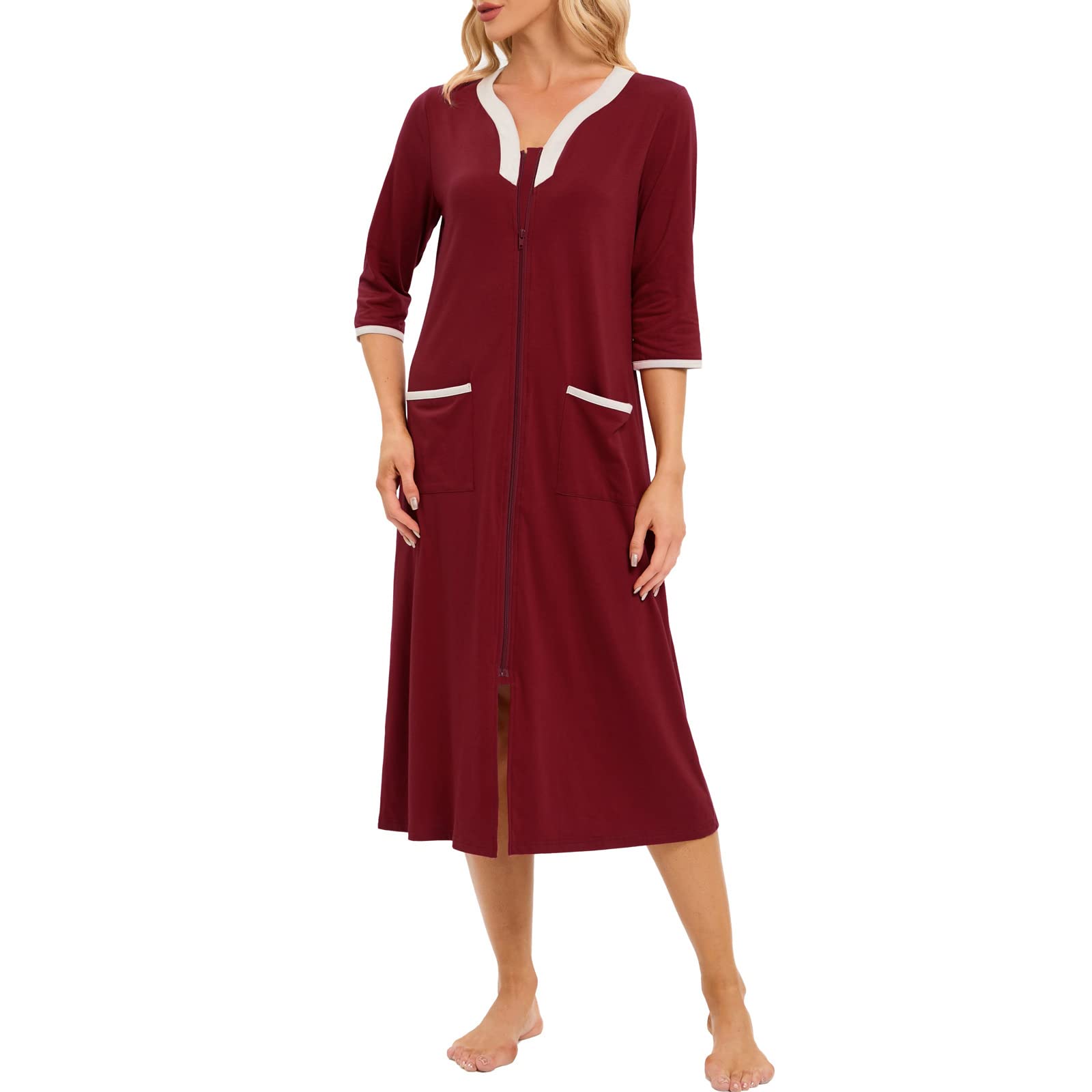 Amazon.com: Hellomamma Women Zipper Robe 3/4 Sleeves Loungewear Dress ...