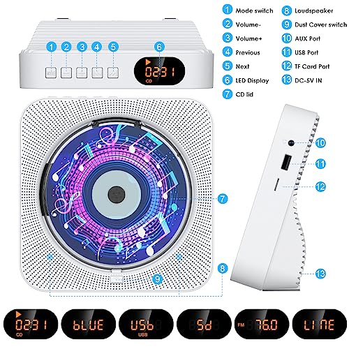 Gueray CD Player with Speakers Radio CD Player with Bluetooth Remote Control Dust Cover LED ...