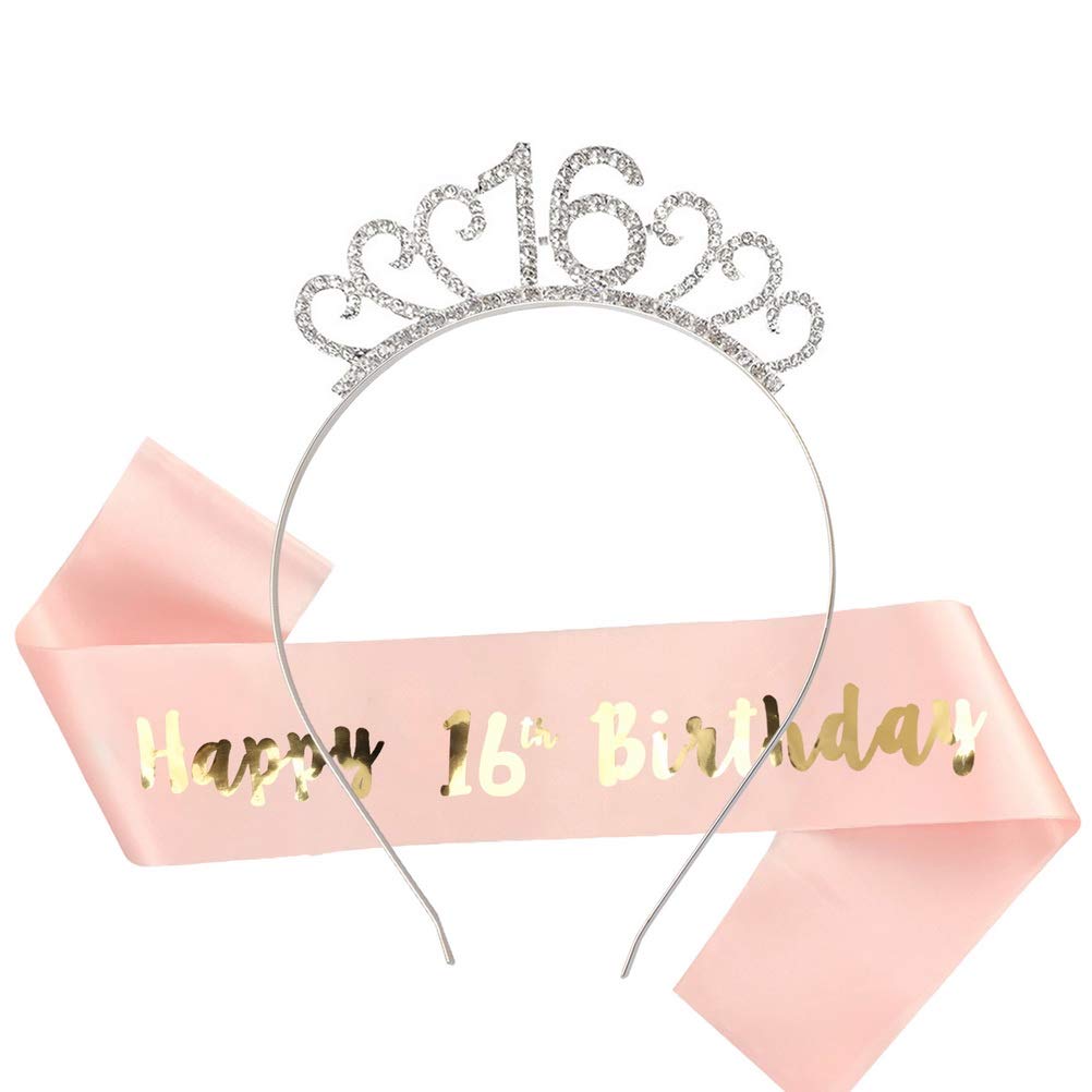 Buy kuou 16th Birthday Crown and Sash, Birthday Tiara Rose Gold Satin ...
