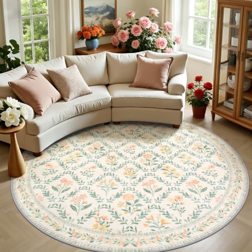 Amazon.com: Round Area Rug for Living Room: 8 ft Floral Washable Circle ...