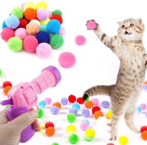 Kitten Essentials QUQOQO Cat Toy Balls With Launcher Gun, 100 Pom-Poms ...