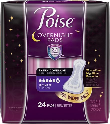 Poise Overnight Incontinence Pads for Women, Ultimate Absorbency, 24 ...
