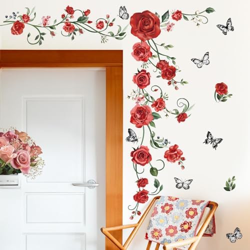 Amazon.com: decalmile Red Rose Vine Wall Decals Flowers Butterfly ...