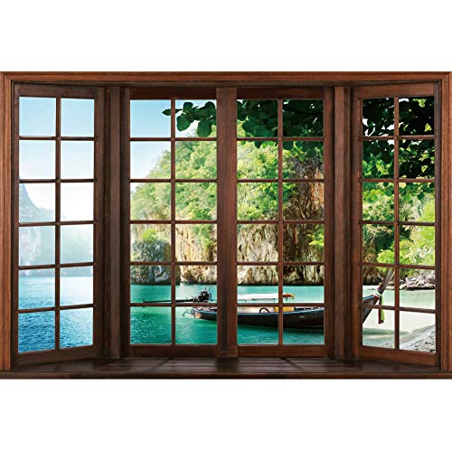 Renaiss 8x6ft Wooden Window Natural Scenery Backdrop Green Mountain ...