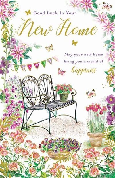 Paper Rose New Home Congratulations Card - Flower Garden and Bench with ...