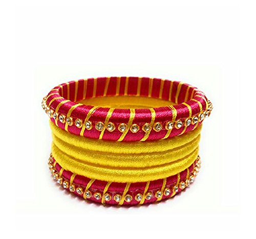 A Set of 5 Yellow with Pink Colour Silk Thread Bangles with Stone Works ...