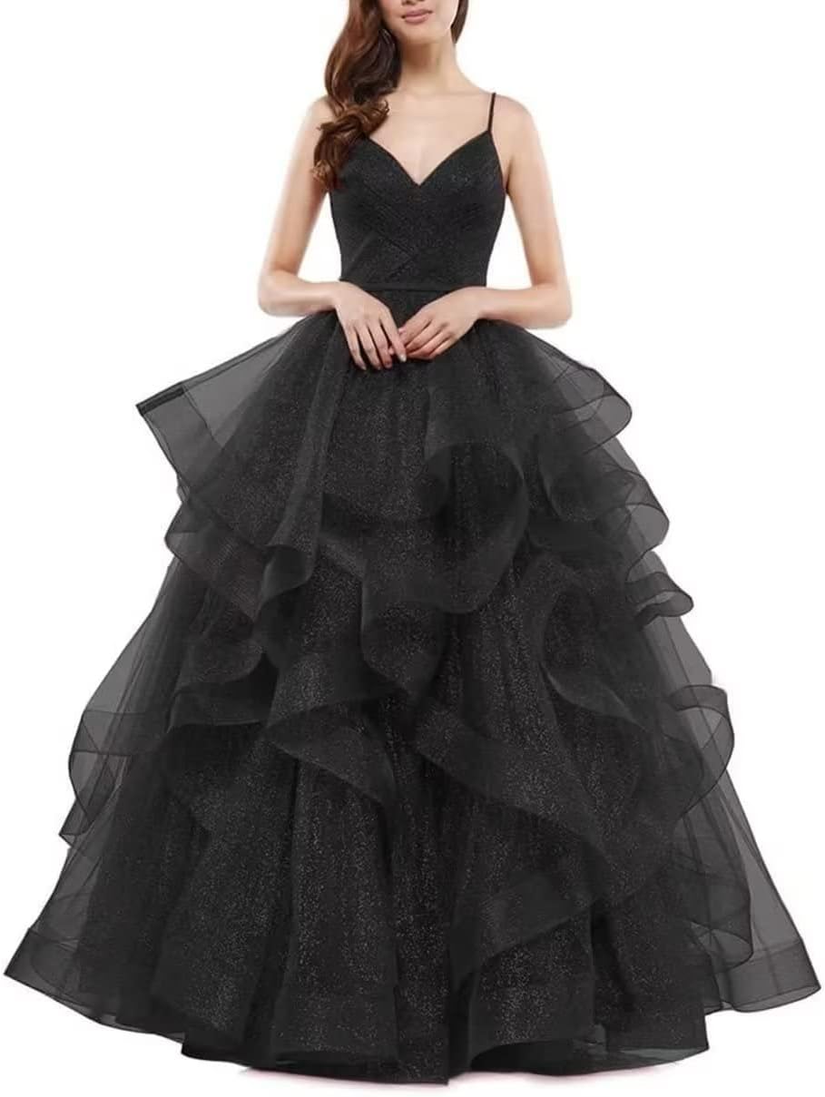 Sparkly Tulle Ball Gown Long Glitter Ruffled Prom Dresses Spaghetti ...