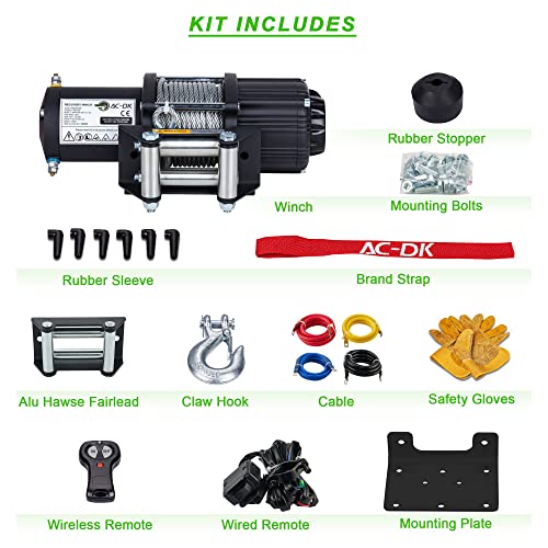 AC-DK 4500 lb Winch Electric Steel Cable ATV Winch Kit, 12V Winch for ...