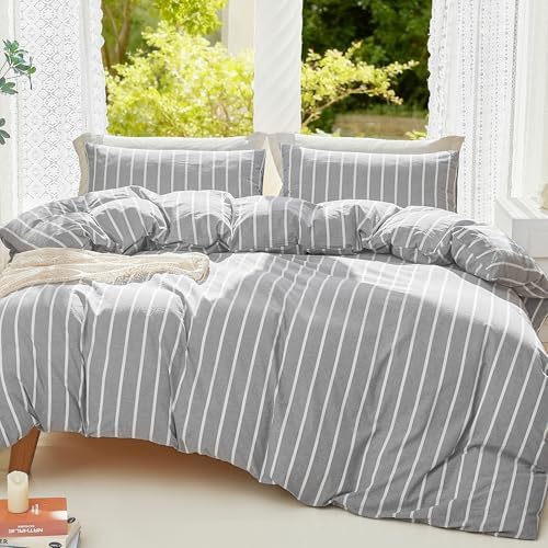 Amazon.com: DONEUS Grey Striped Duvet Cover Set 100% Washed Cotton ...