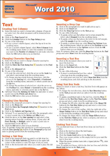 Word 2010 Advanced Quick Source Reference Guide: Quick Source ...