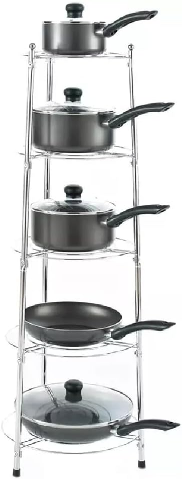 5 Tier Chrome Pan Stand Stainless Steel Pot Organiser Multi Functional Free Standing Saucepan ...