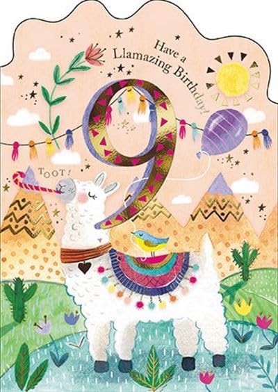 Girls 9th Birthday Card - Age 9 - Colourful Llama and Bird with Foil ...