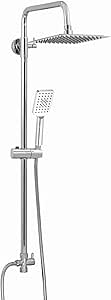 ENKI, Carre, RG064, Chrome, Dual Rigid Riser Kit with Square Overhead Showerhead and Hand Shower ...