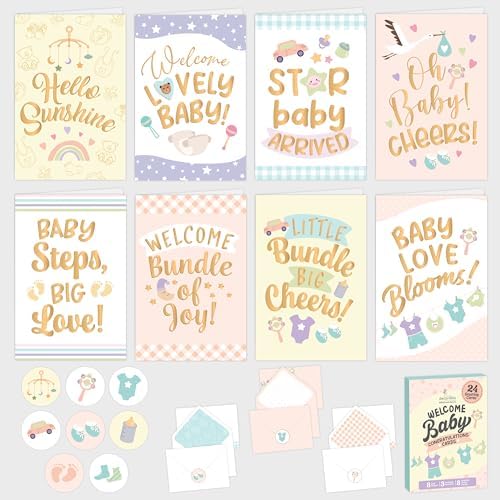 Amazon.com : Decorably 24 Pack Gold Foiled 4x6in New Baby Cards ...