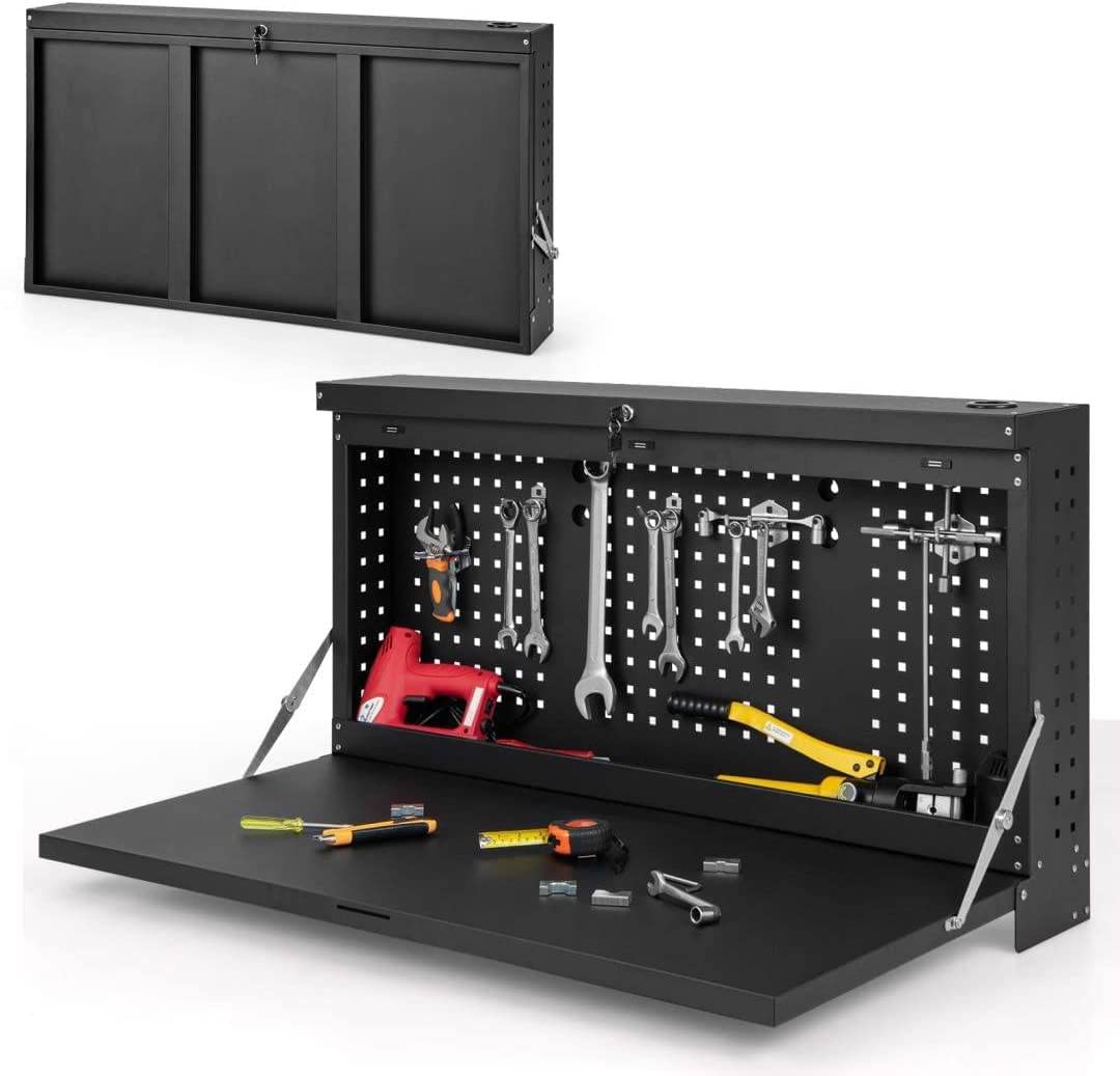COSTWAY Wall-Mounted Folding Work Bench, Garage Workbench with Pegboard ...