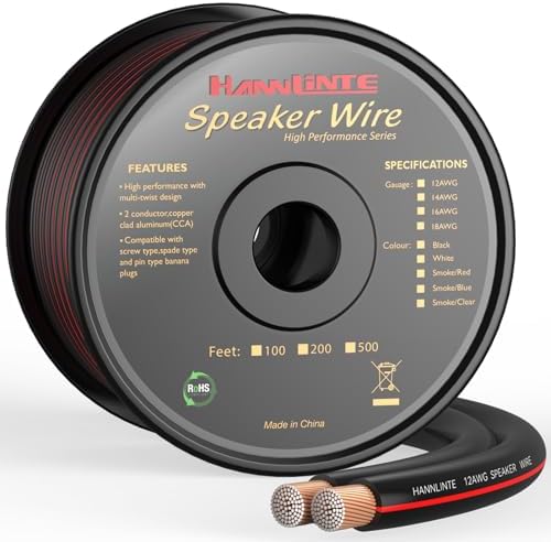 HANNLINTE 12AWG Speaker Wire Cable (50 Feet) - 12 Gauge Enhanced CCA ...