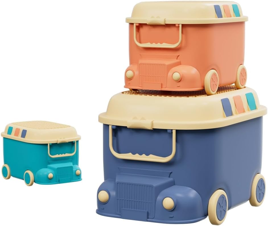Keezi 3PCS Toy Storage Box Cute Car Toy Container Kids Toy Organiser ...