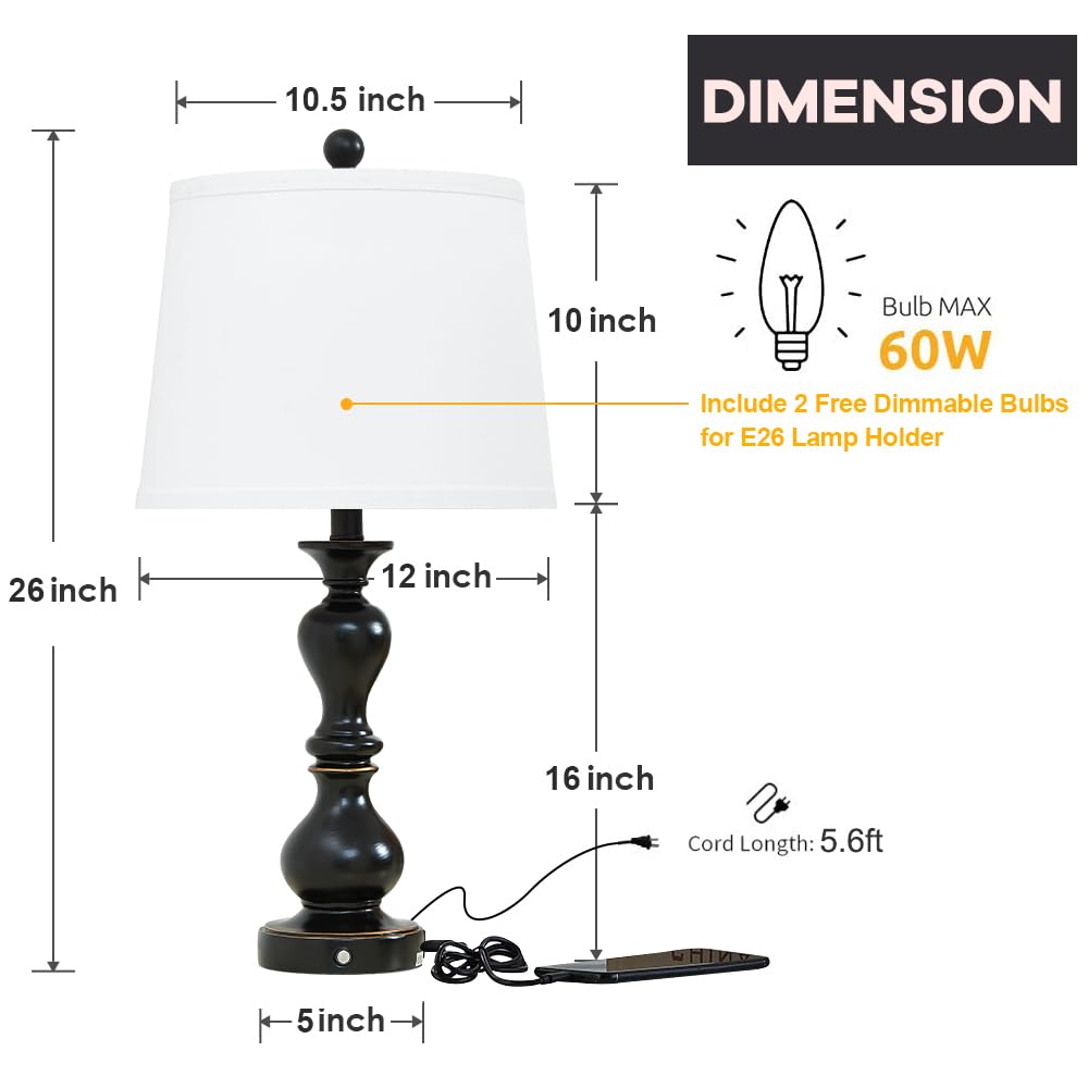 Dungoo 26" Touch Control Farmhouse Table Lamps Set of 2, 3-Way Dimmable ...
