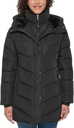 Amazon.com: Andrew Marc Women's Mixed Media Hooded Puffer Jacket ...