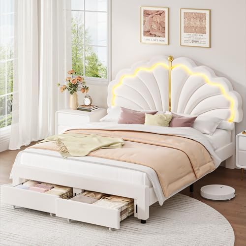 Amazon.com: Keyluv Queen Princess Bed Frame with Storage Drawers, Soft ...