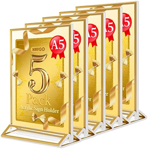 6Pack A5 Clear Acrylic Sign Holder with Gold Borders and Vertical Stand ...