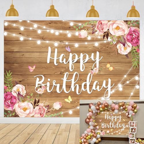 Amazon.com : Rustic Wood Floral Birthday Backdrop Spring Pink Flower ...