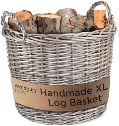 Large Wicker Log Storage Basket with Handles Grey Buff Rattan : Amazon ...