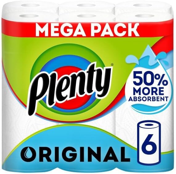 Plenty Kitchen Towel, 6 White Rolls, 600 Sheets of Kitchen Roll, 2-Ply ...