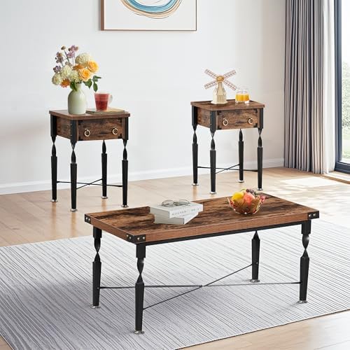 Amazon.com: VECELO 3 Pieces Coffee/End/Side Table Set with Storage ...