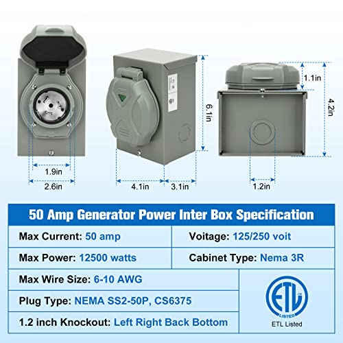 Snapklik.com : 50 Amp Power Inlet Box And 25FT Generator Cord, 125V ...