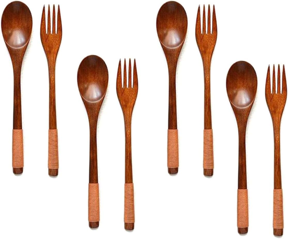 Amazon.com: 8 Pcs Wooden 9 inch Japanese Spoon Fork Set Including ...