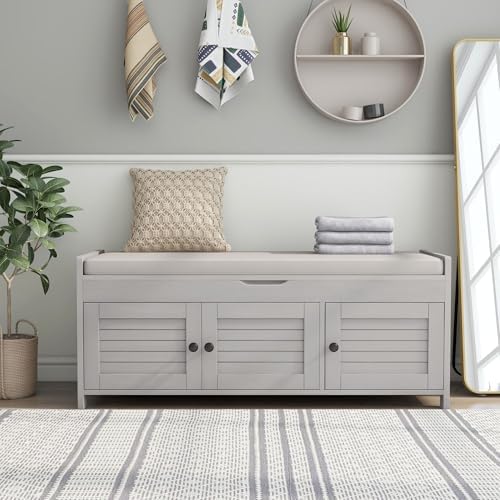 Amazon.com: GDFStudio Rustic Storage Bench with 3 Shutter Shaped Doors ...